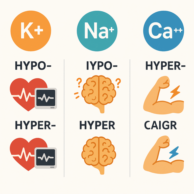 Electrolyte Imbalances Visual Guide – Hypo/Hyper K+, Na+, Ca++